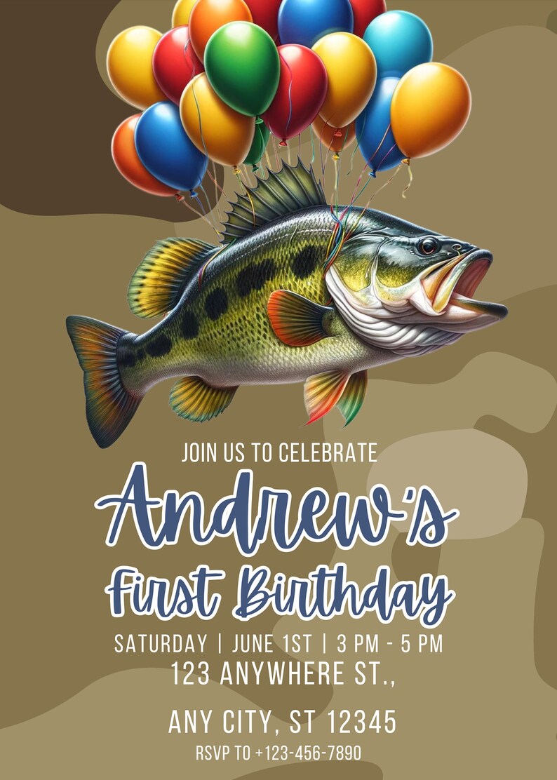 Bass Fishing Birthday Invitation: Editable Canva Template (digital ...