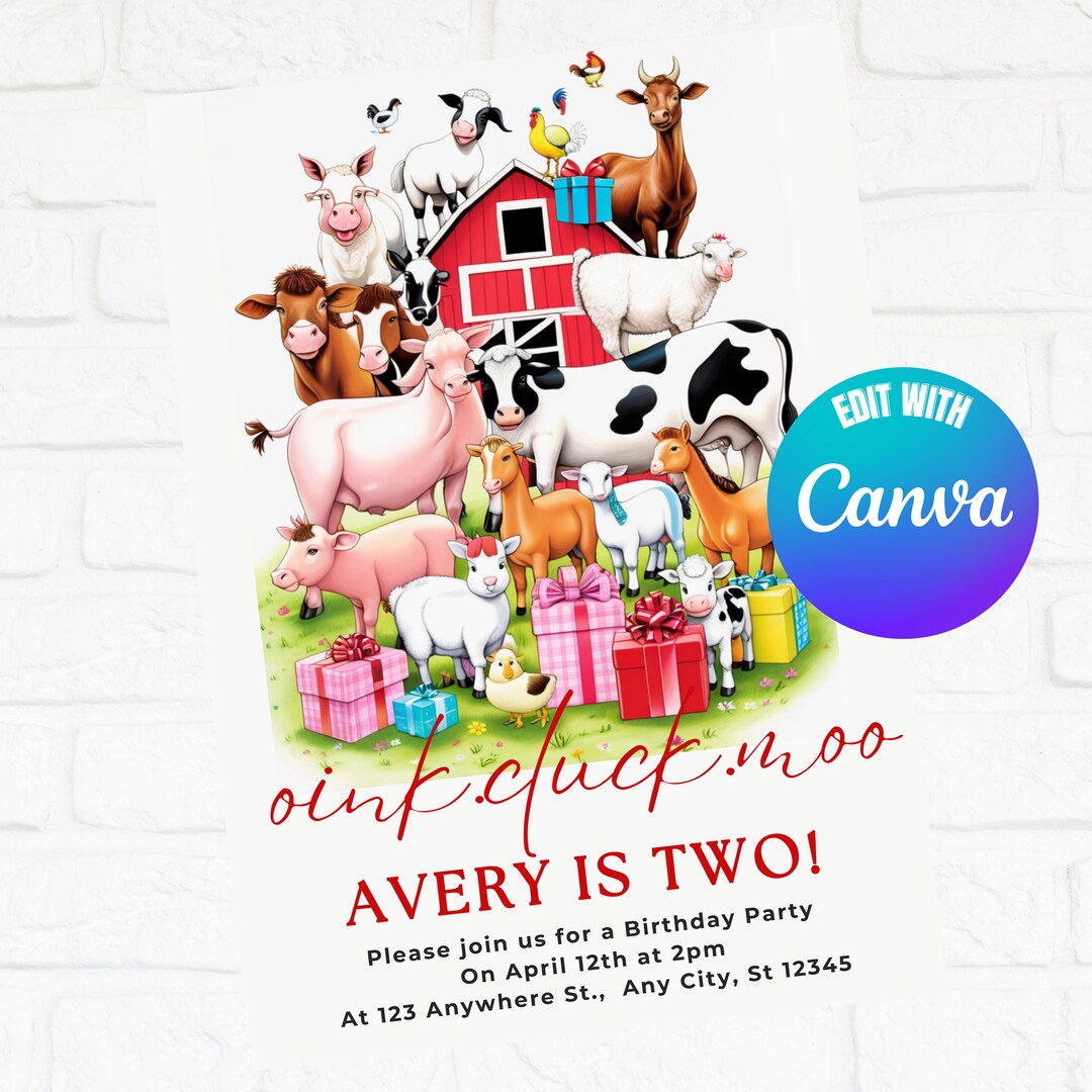 Farm Animals Birthday Invitation: Editable Canva Template (digital ...