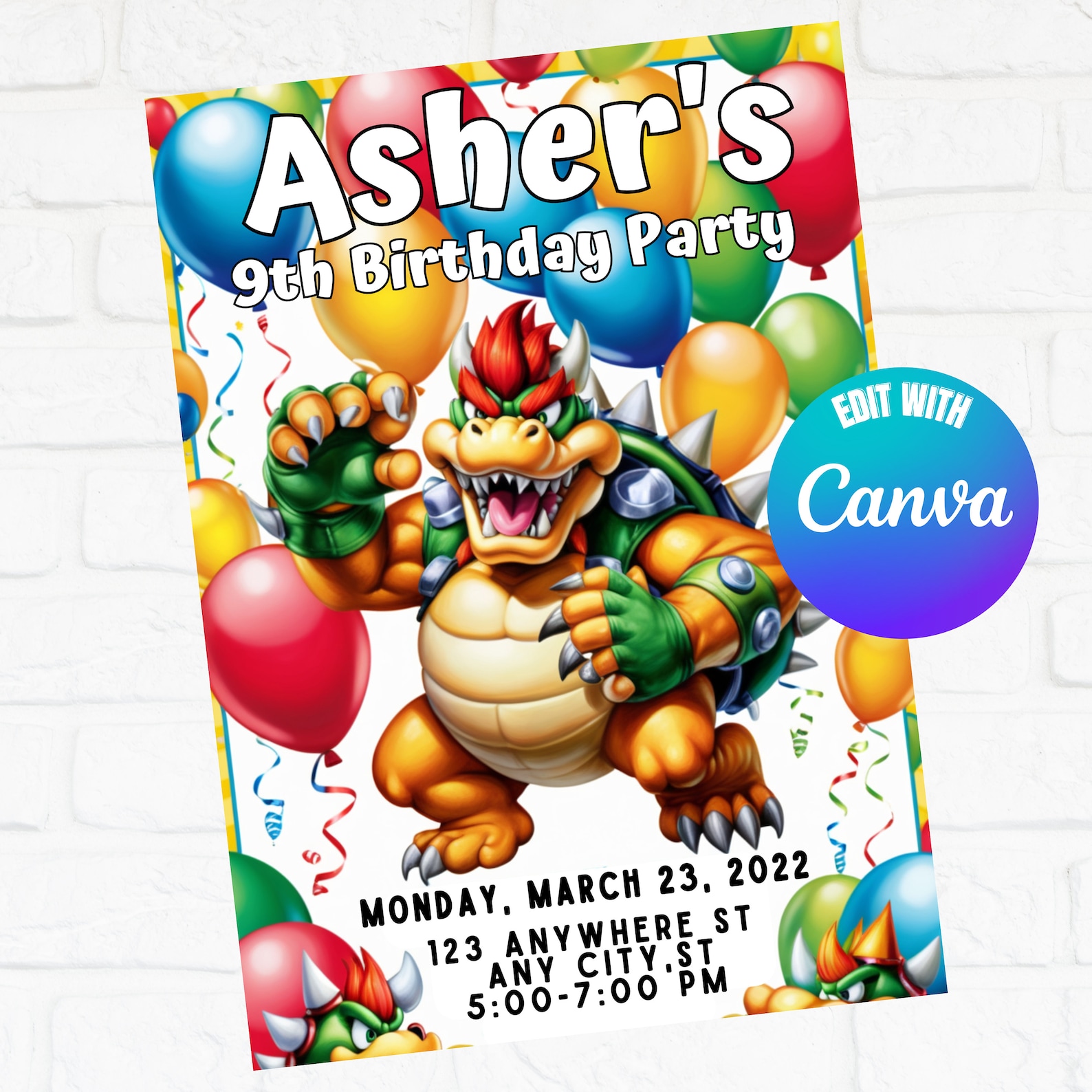Bowser Birthday Invitation: Super Mario Bros, Editable Canva Template ...