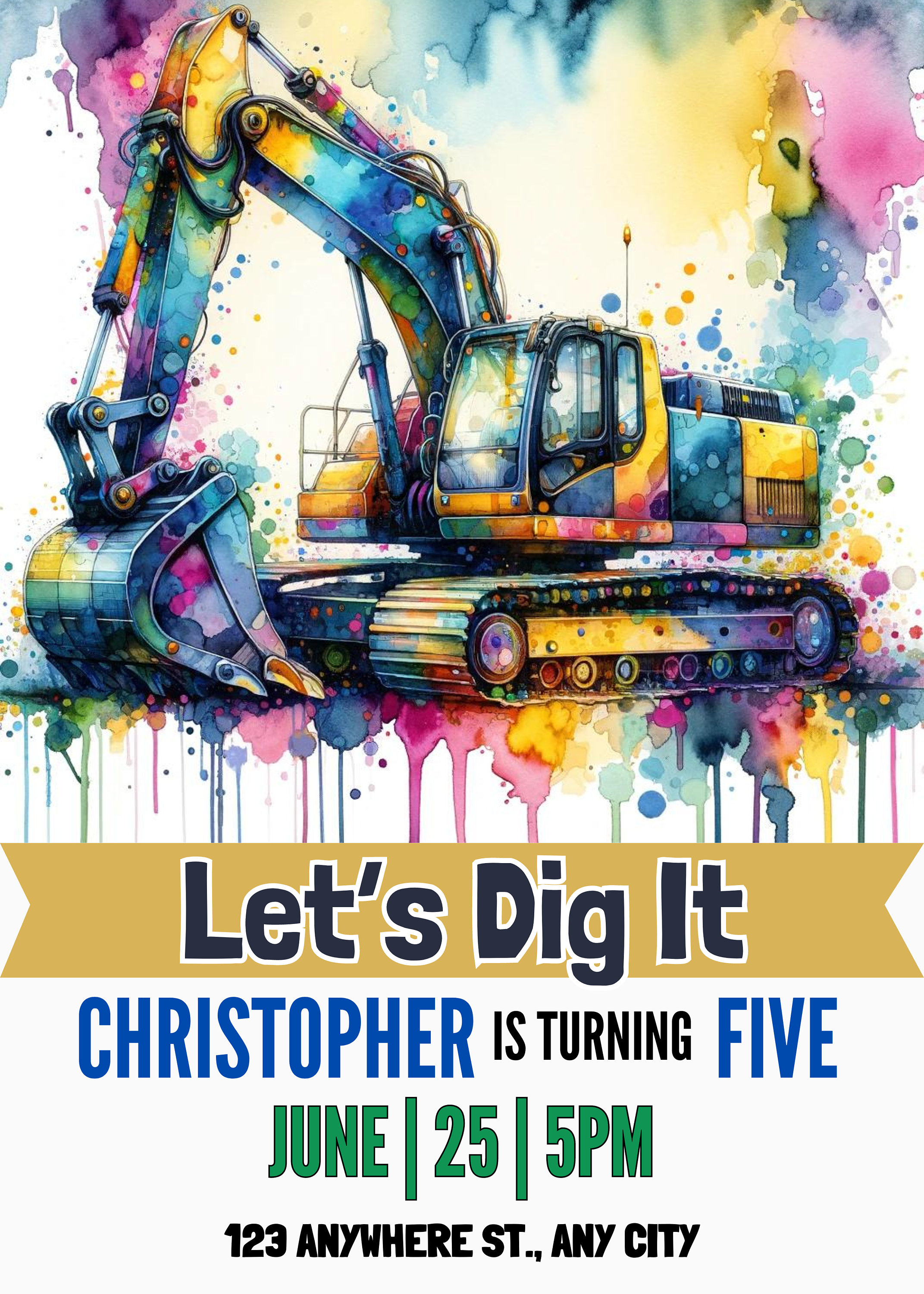 Excavator Birthday Invitation: Watercolor Construction Party (editable ...