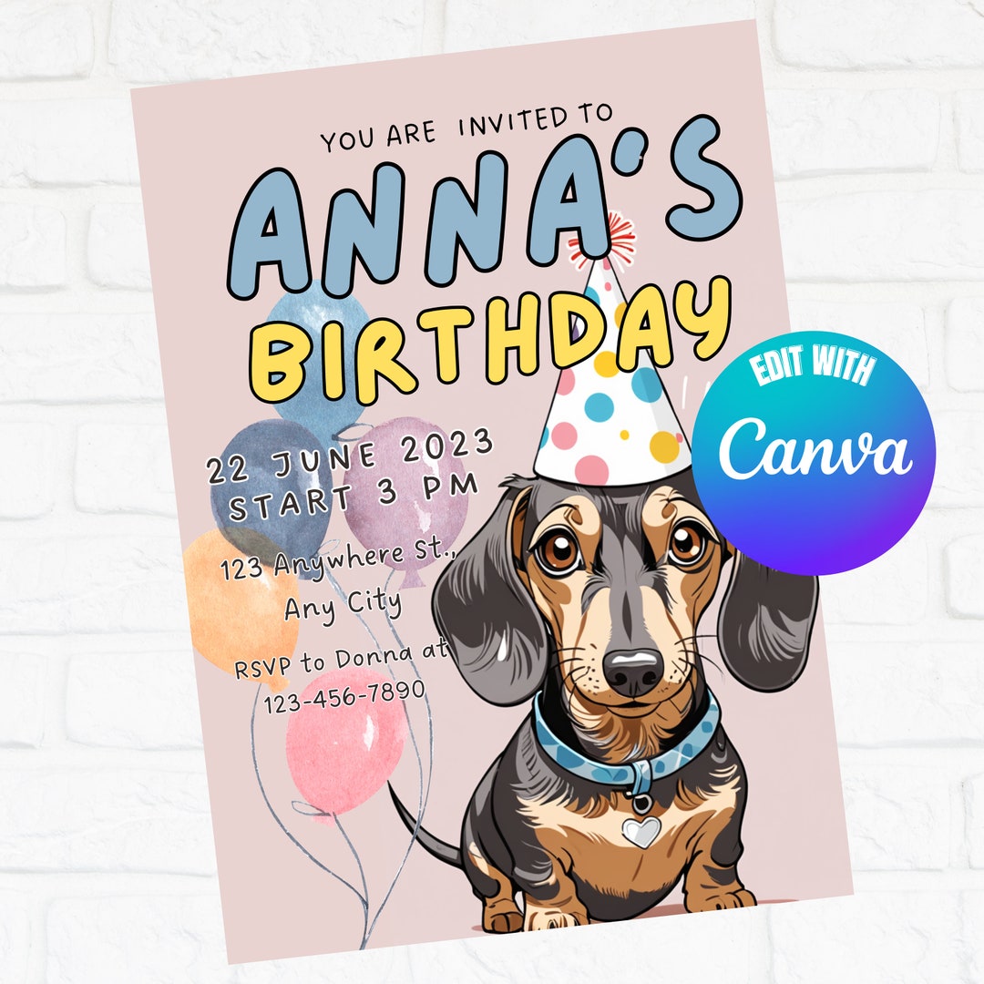 Dachshund Birthday Invitation: Editable Canva Template (digital) - Etsy