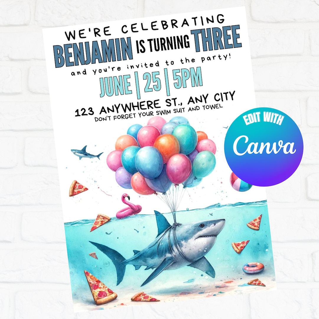 Shark Pool Party Birthday Invitation, Editable Invitation, Shark Pool ...