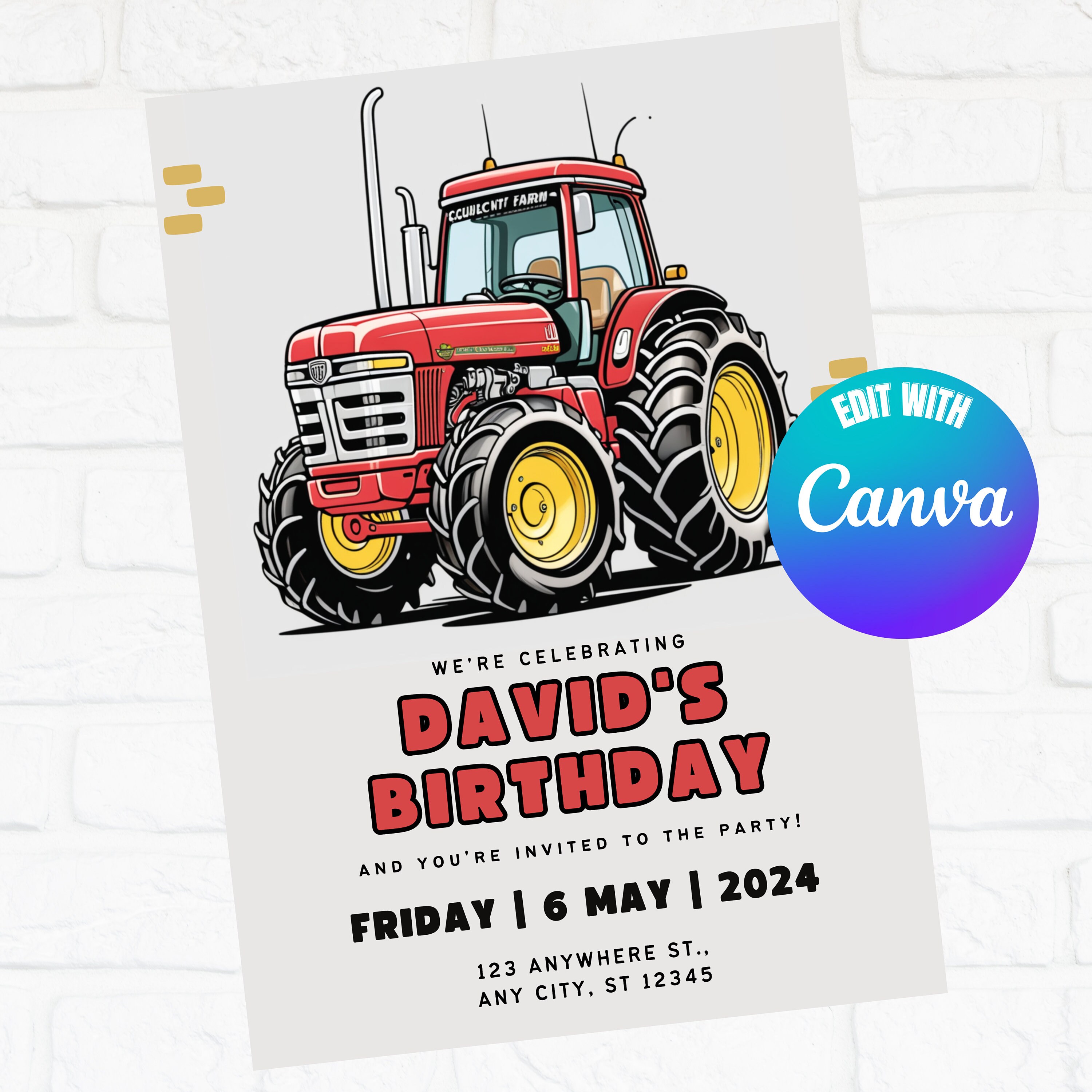 Tractor Birthday Invitation: Editable Canva Template (digital Download ...