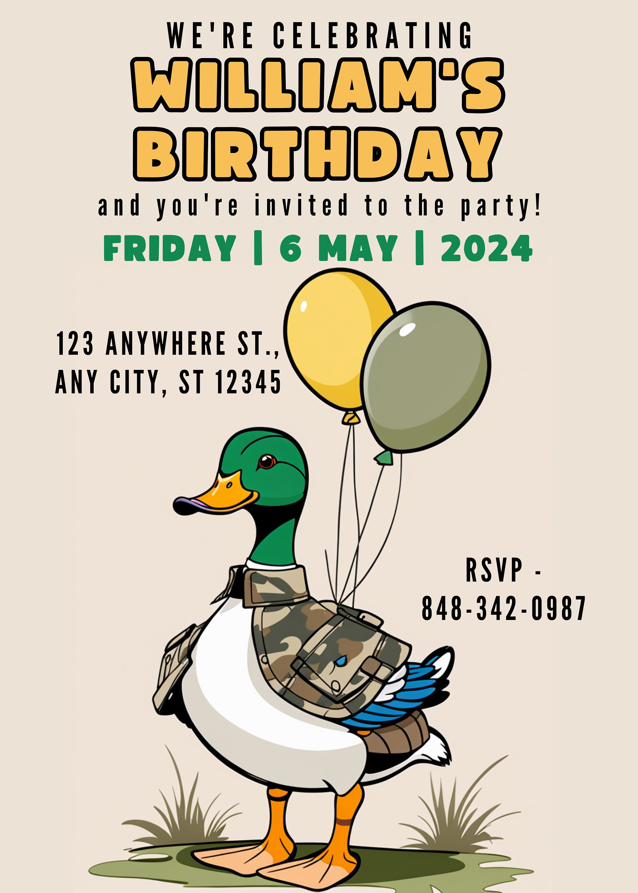 Mallard Duck Birthday Invitation, Editable Invitation, Mallard Duck ...