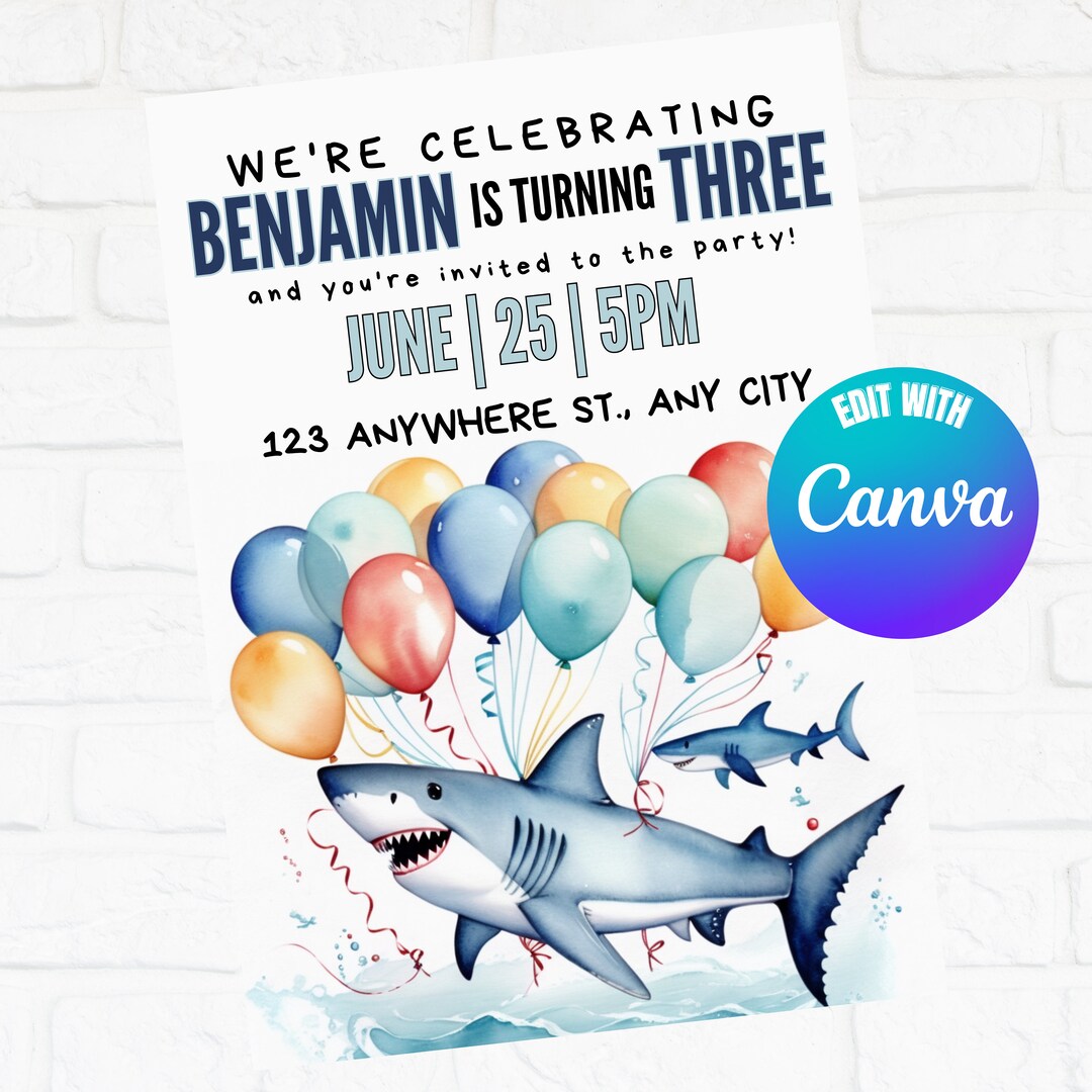 Shark Birthday Invitation: Editable Picture Invite, Canva Template ...