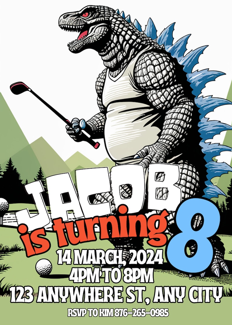 Godzilla Golf Birthday Invitation: Kid Invite, Editable Canva Template ...