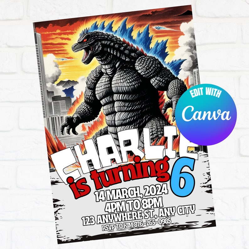 Godzilla Birthday Invitation: Editable Kid Invite (canva Template) - Etsy