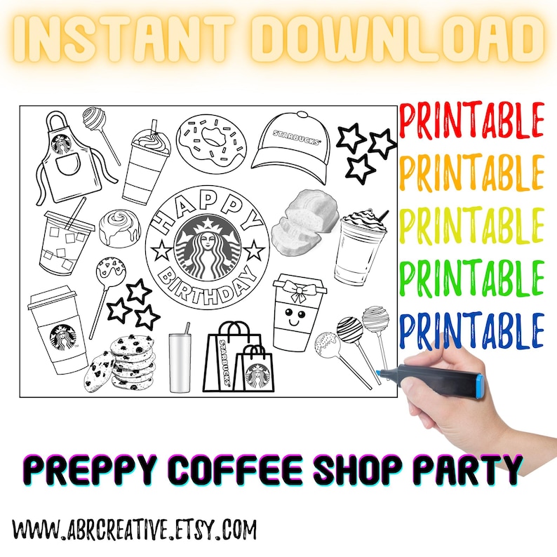 Preppy Coffee Shop Drinks Birthday Coloring Page Printable Activity for ...