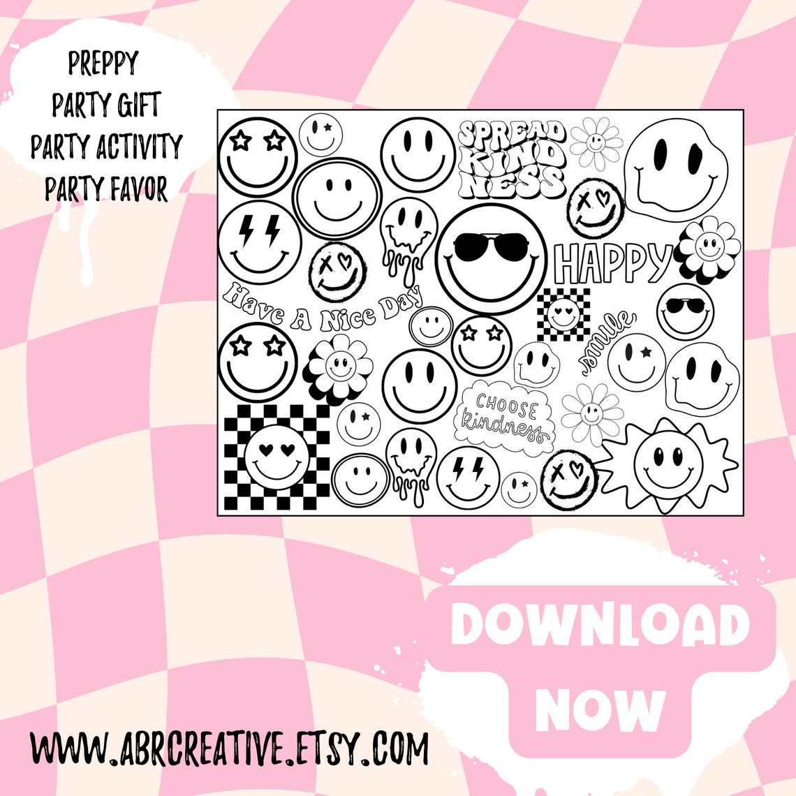 Preppy Smiley Face Happy Face Coloring Page Printable Activity for One ...