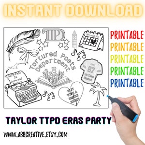 Taylor Tortured Poets Coloring Printable Swift Birthday, Activity for T ...