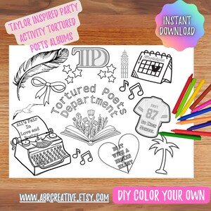 Taylor Tortured Poets Coloring Printable Swift Birthday, Activity for T ...