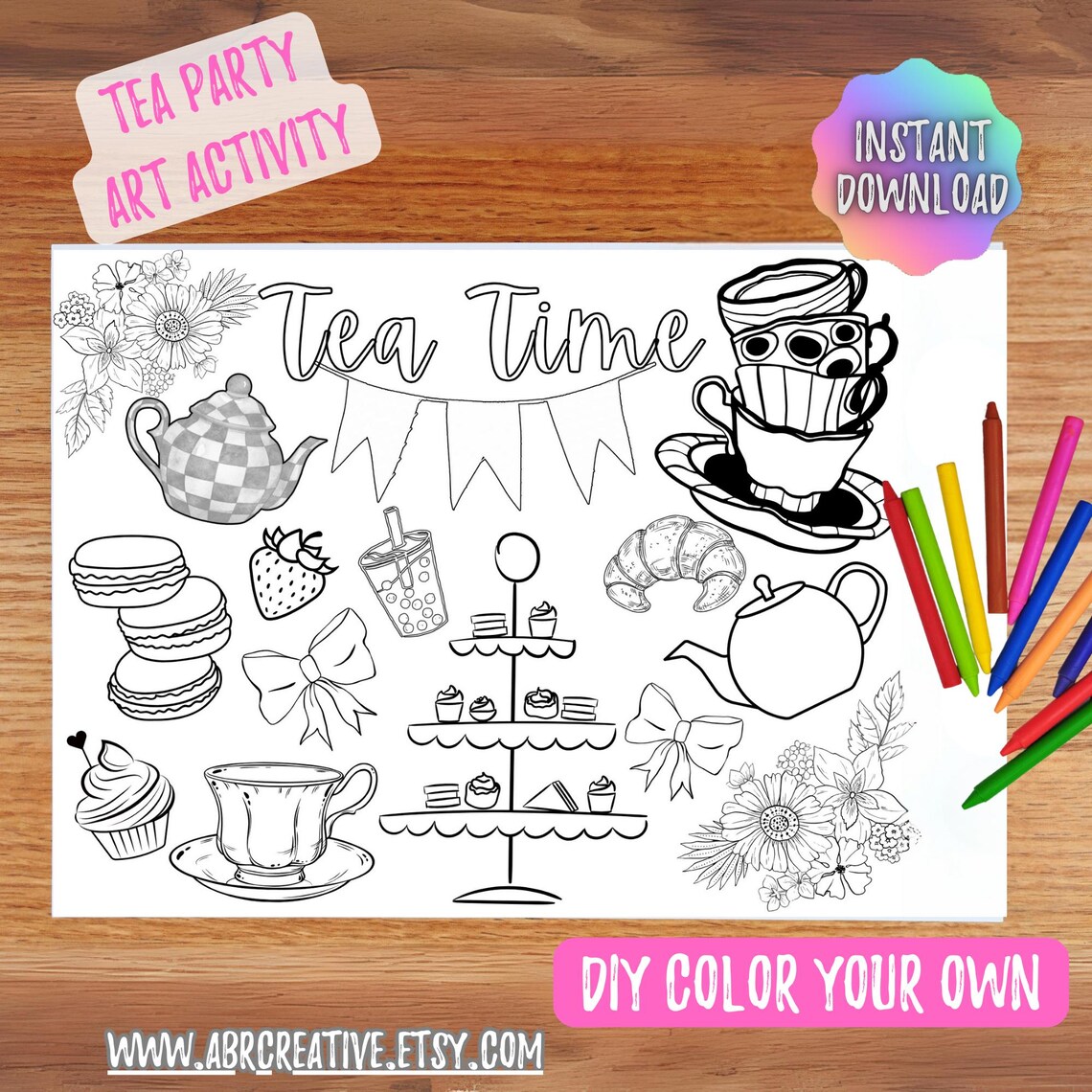 Preppy Tea Party Brunch Coloring Printable Activity for Tween Party ...