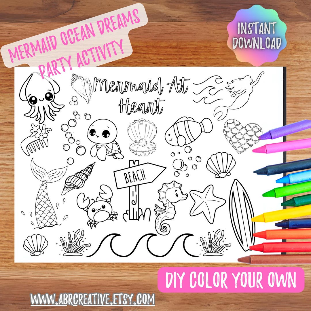Mermaid Ocean Animal Party Coloring Page--instant Download, Printable ...