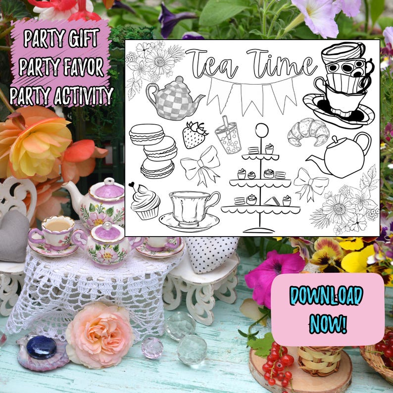 Preppy Tea Party Brunch Coloring Printable Activity for Tween Party ...
