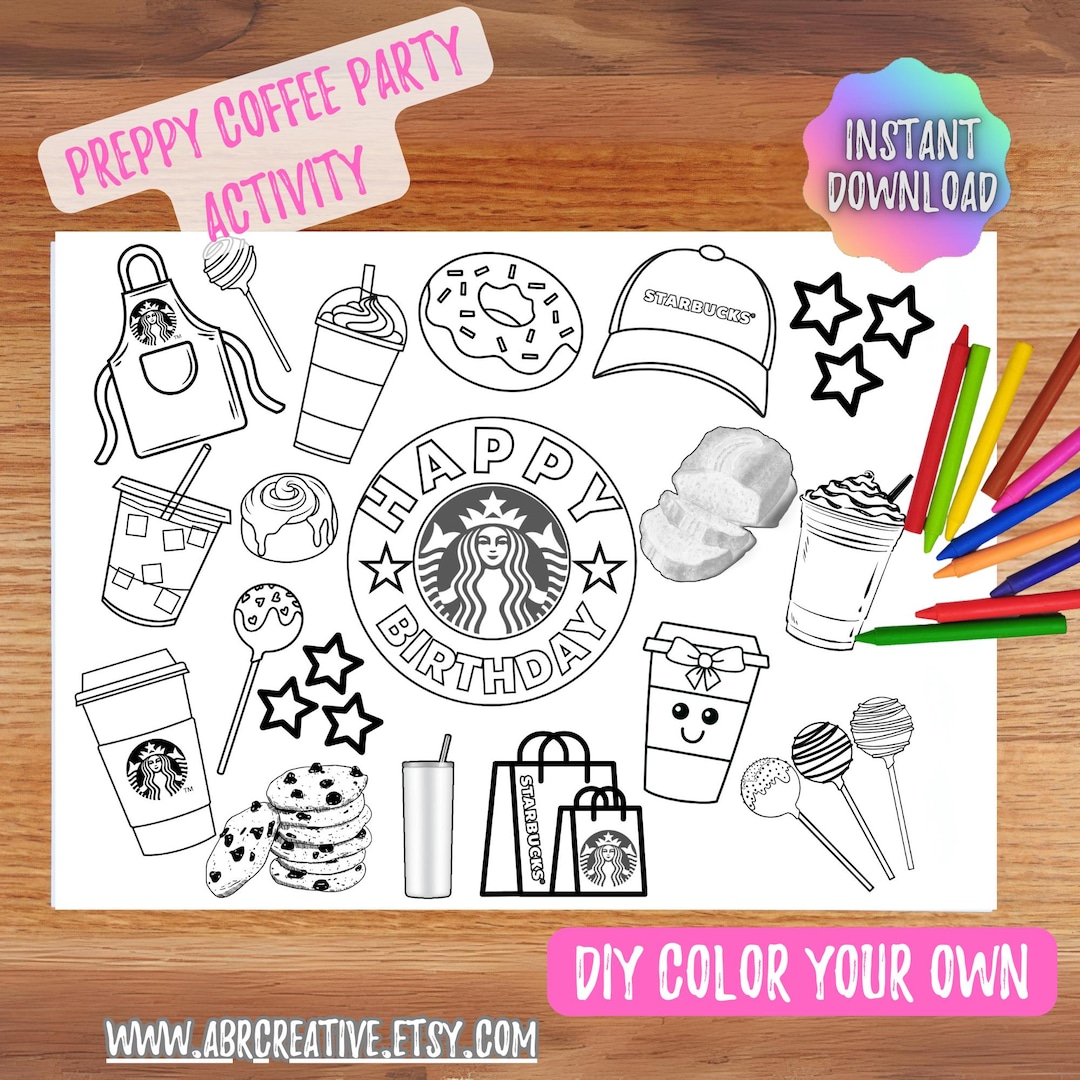 Preppy Coffee Shop Drinks Birthday Coloring Page Printable Activity for ...