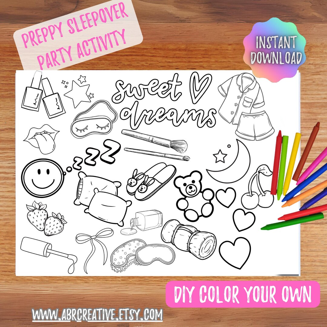 Printable Preppy Teen Sleepover Sleep Under Party Coloring Activity for ...