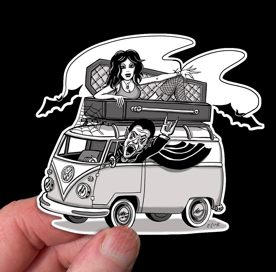 Vampire Driving Micro Bus Halloween Waterproof Sticker or Magnet. Treat ...
