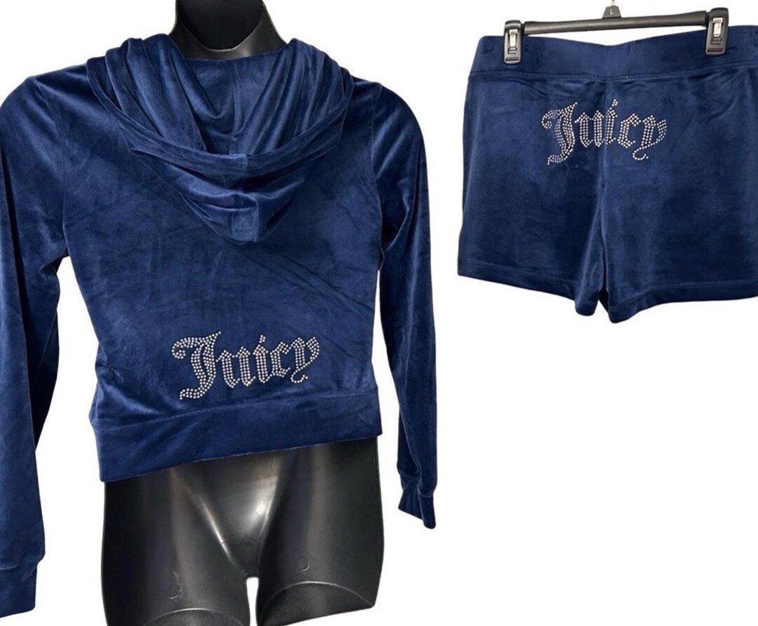 JUICY Couture Atlantis Navy Rhinestone Y2K Style Velour Shorts & Long ...