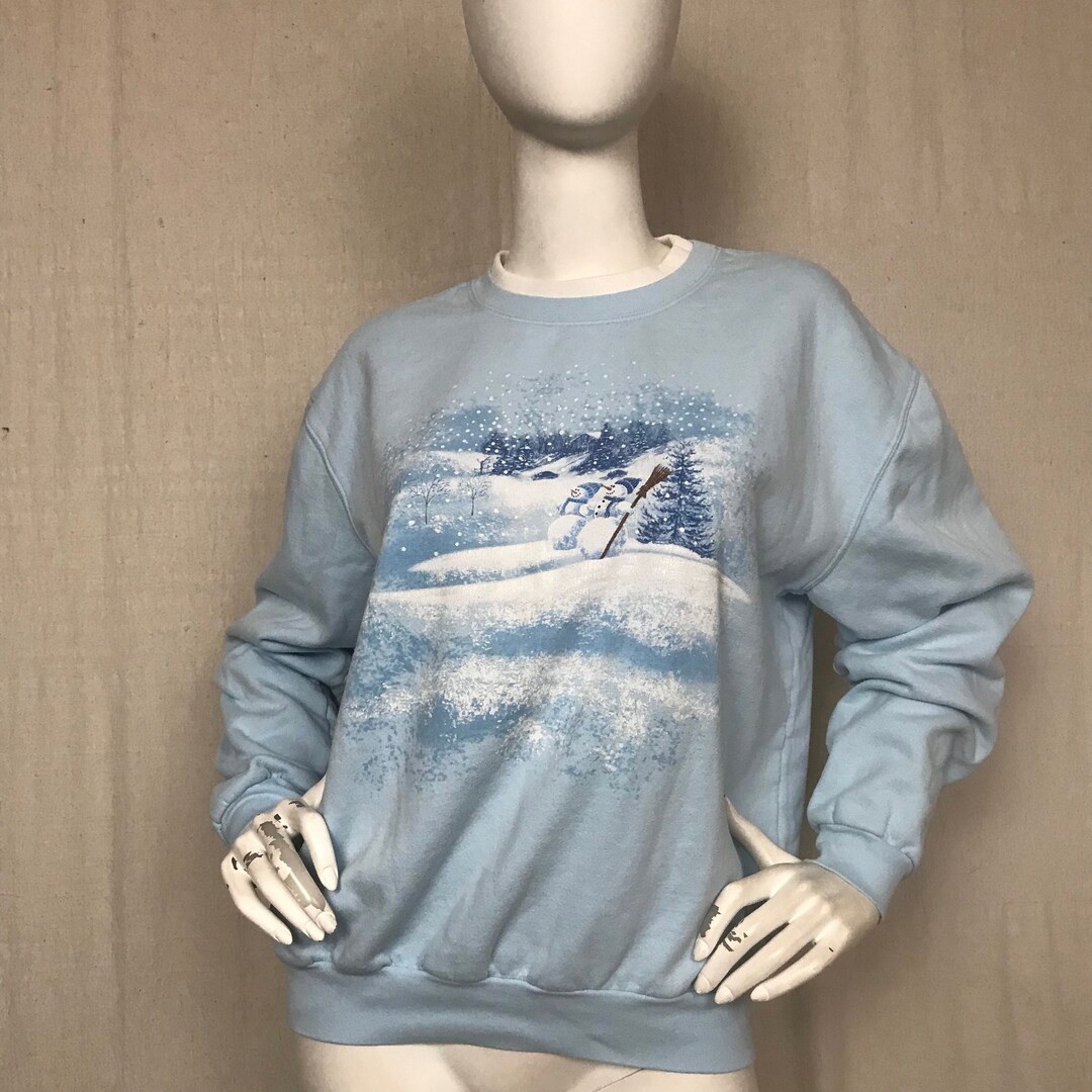 90s Sweatshirt Winter Snowman Snow Scene Puffy Paint Vintage Blue ...