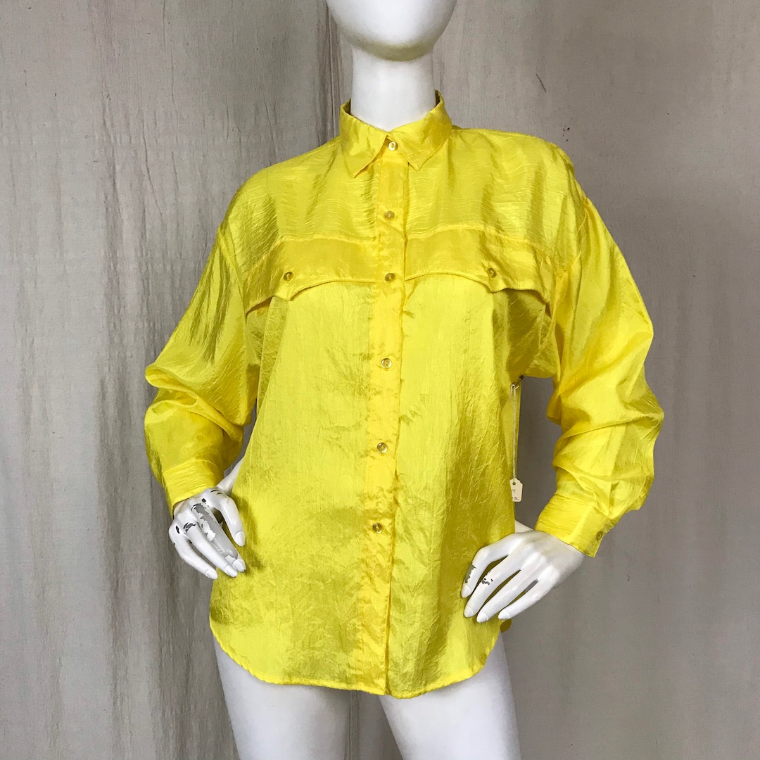 Shiny Yellow 80s Blouse Button Down DEADSTOCK Shirt Women's Size Medium ...