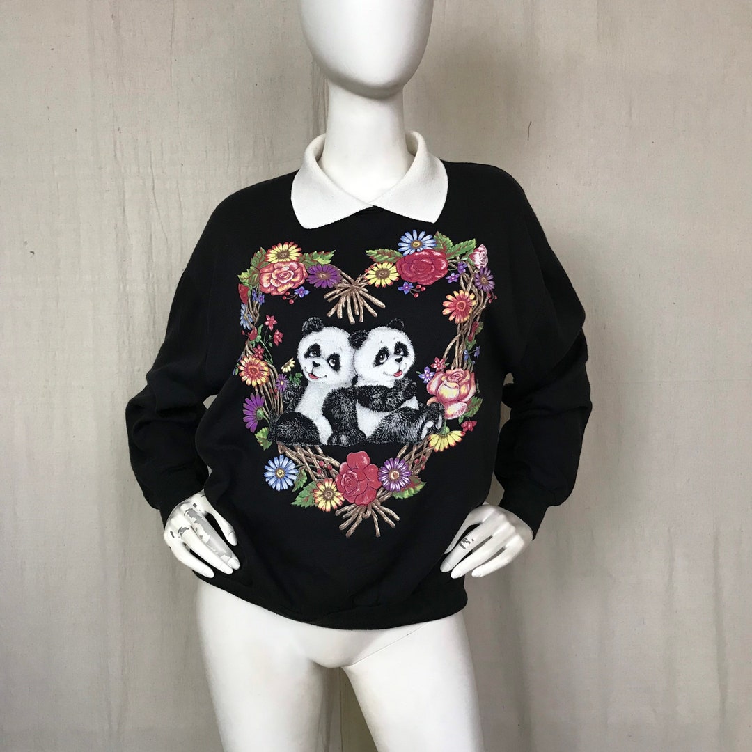 Vintage Panda Sweatshirt: 90s Collared Pullover With Floral Heart - Etsy
