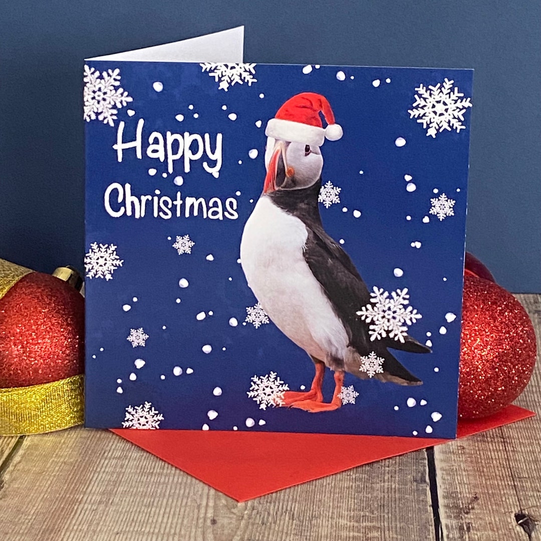 Puffin Christmas Card- Christmas Card- Two Puffins in Santa Hats Cute ...