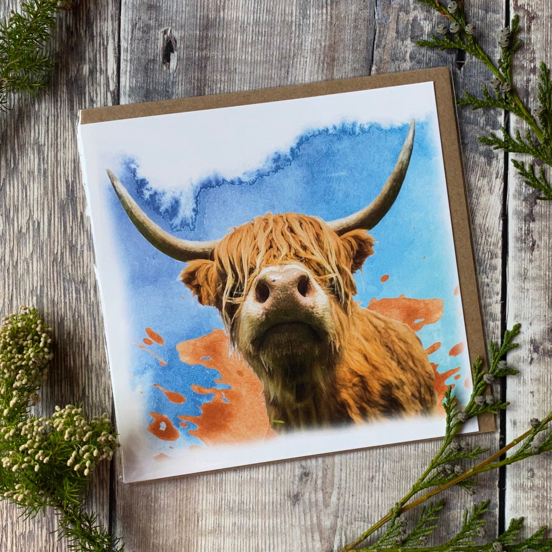 Highland Cow Greeting Card - Highland Cow on Watercolour Blue Sky - Cow ...