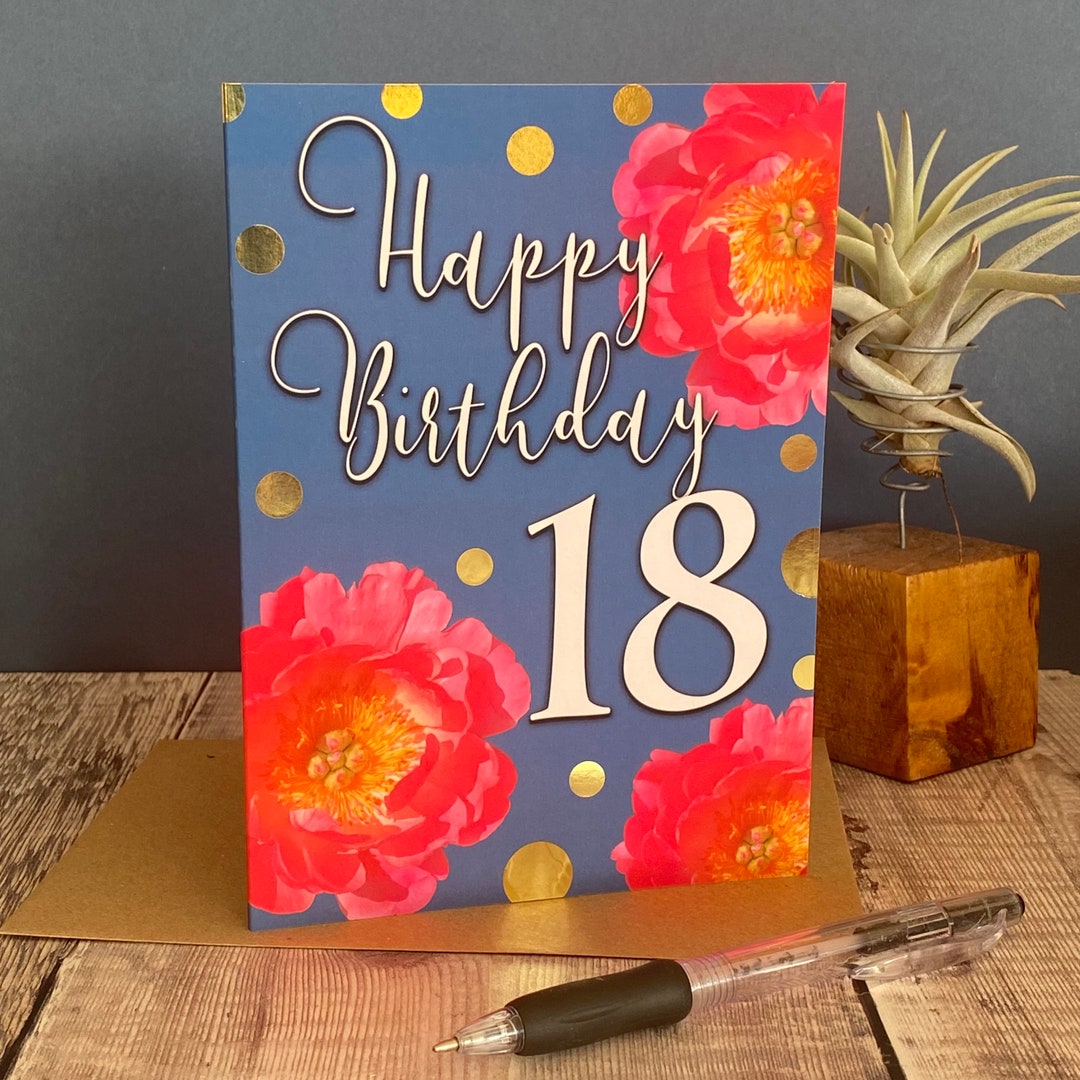 Floral 18th Birthday Card: Gold Foil, Pink Flowers - Etsy
