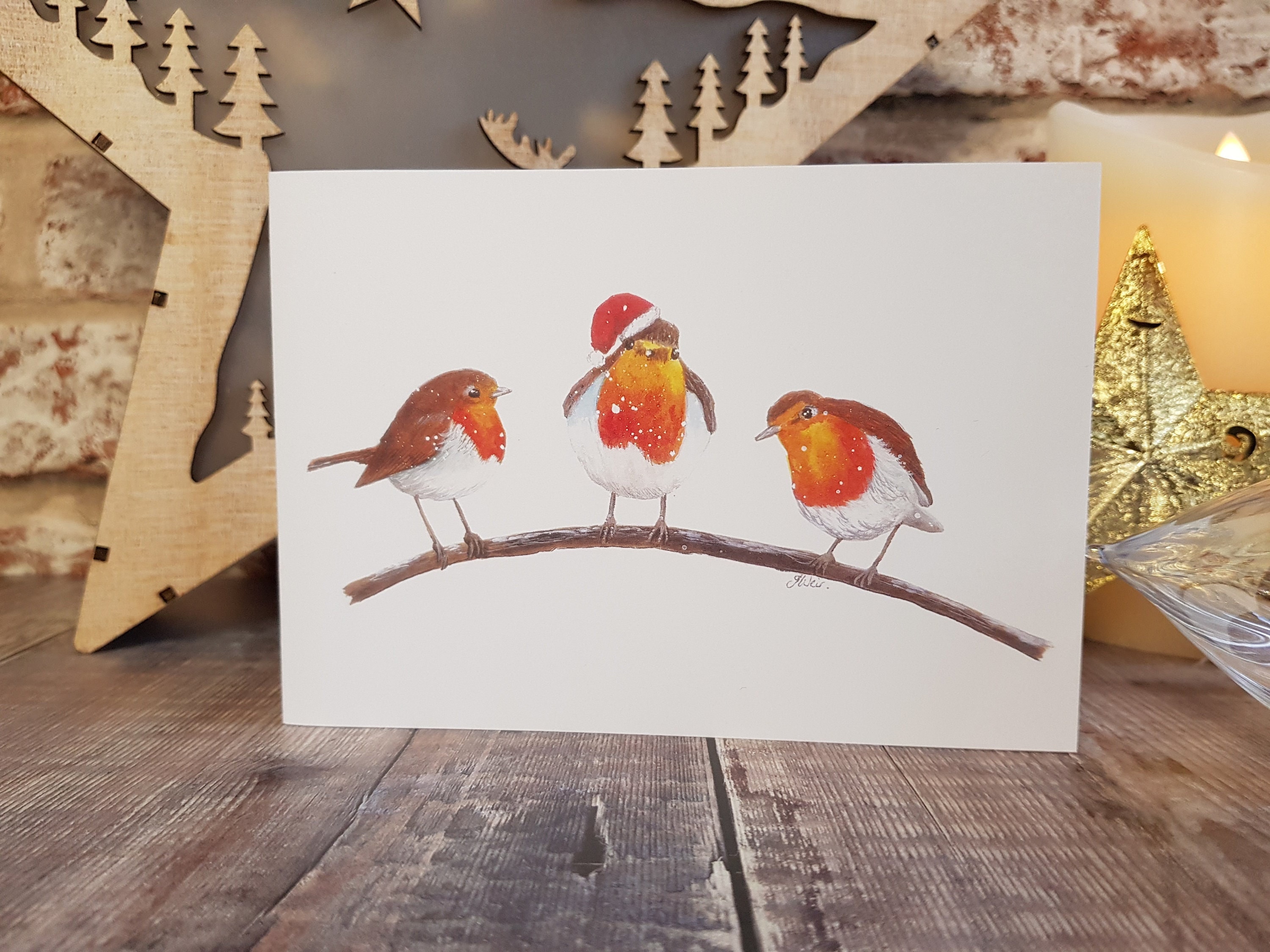 Robin Christmas Card 3 Robins Robins on Branch Winter Card Winter Robin ...