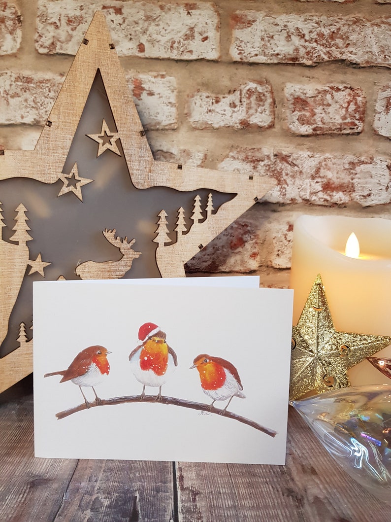 Robin Christmas Card - 3 Robins - Robins on Branch - Winter Card ...