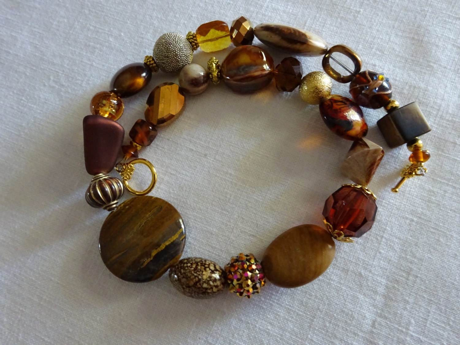 Chunky Mixed Bead Double Strand Bracelet or Necklace Brown Topaz Bronze ...