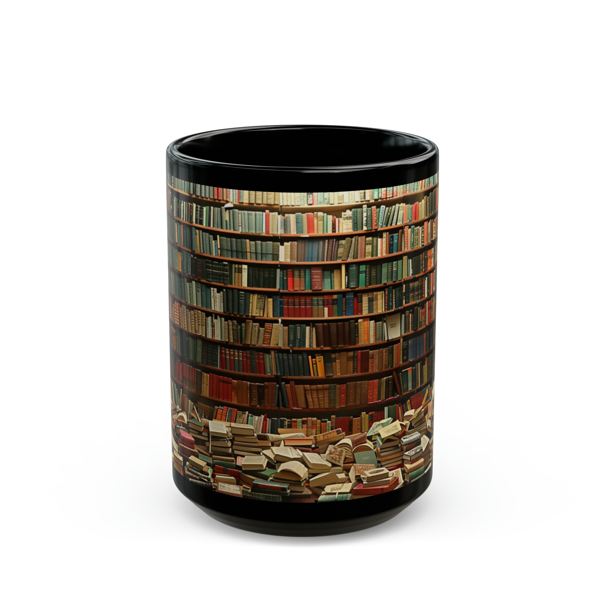 Classic Library Mug - Bookshelves Books Scattered on the Floor - Black ...