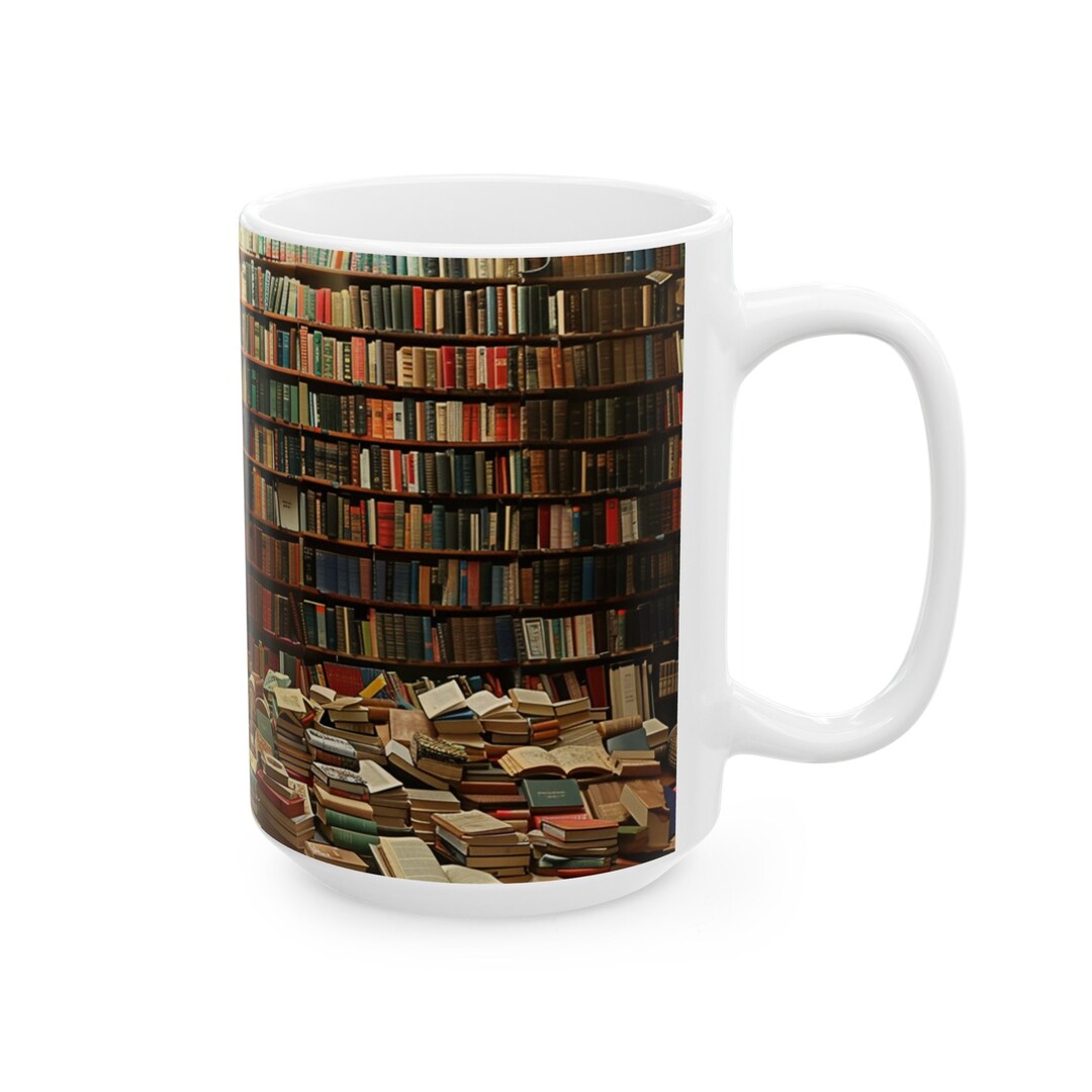Classic Library Mug - Bookshelves Books Scattered on Library Floor ...