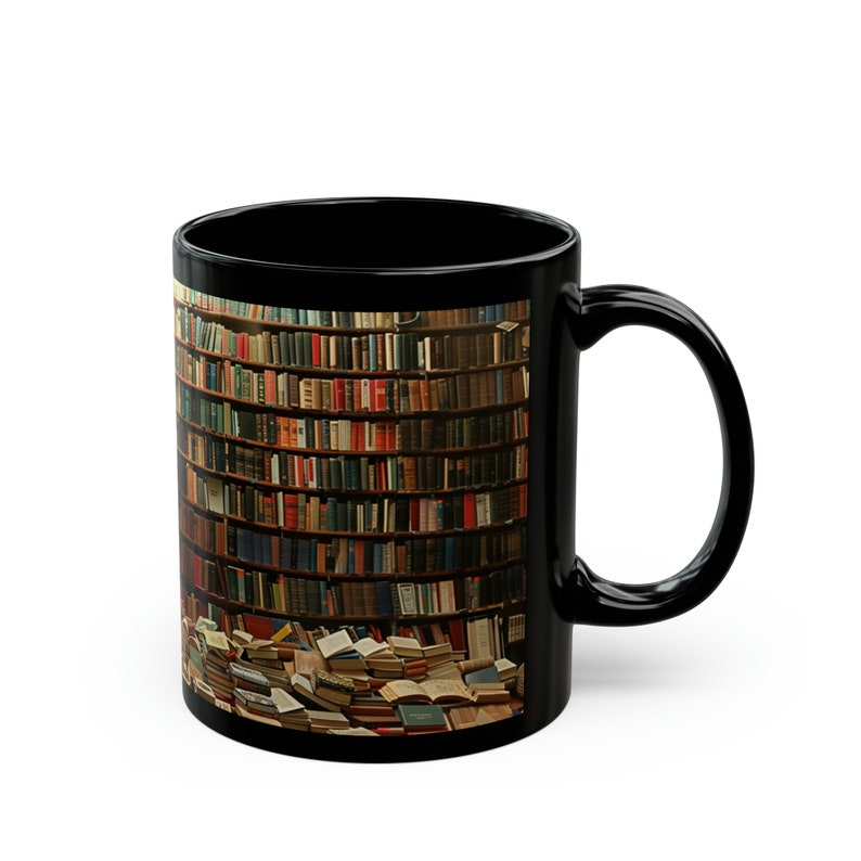 Classic Library Mug - Bookshelves Books Scattered on the Floor - Black ...