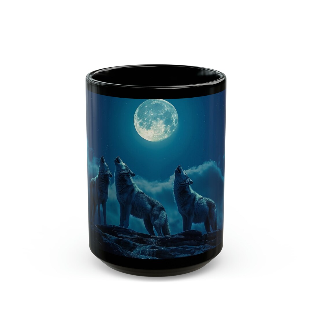 Midnight Howl Mug - Wolves Howling at the Full Moon - Black 11oz or ...