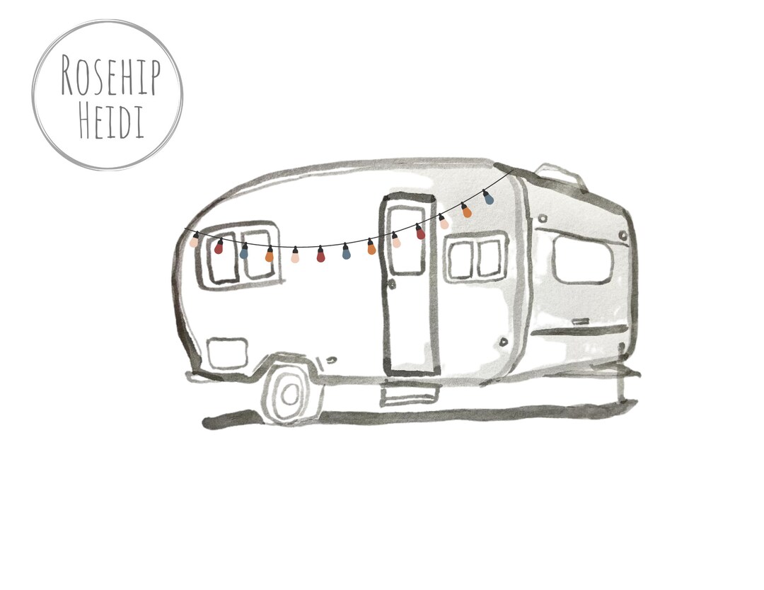 Camper With Light String Line Art Illustration, Wall Decor, Minimal ...