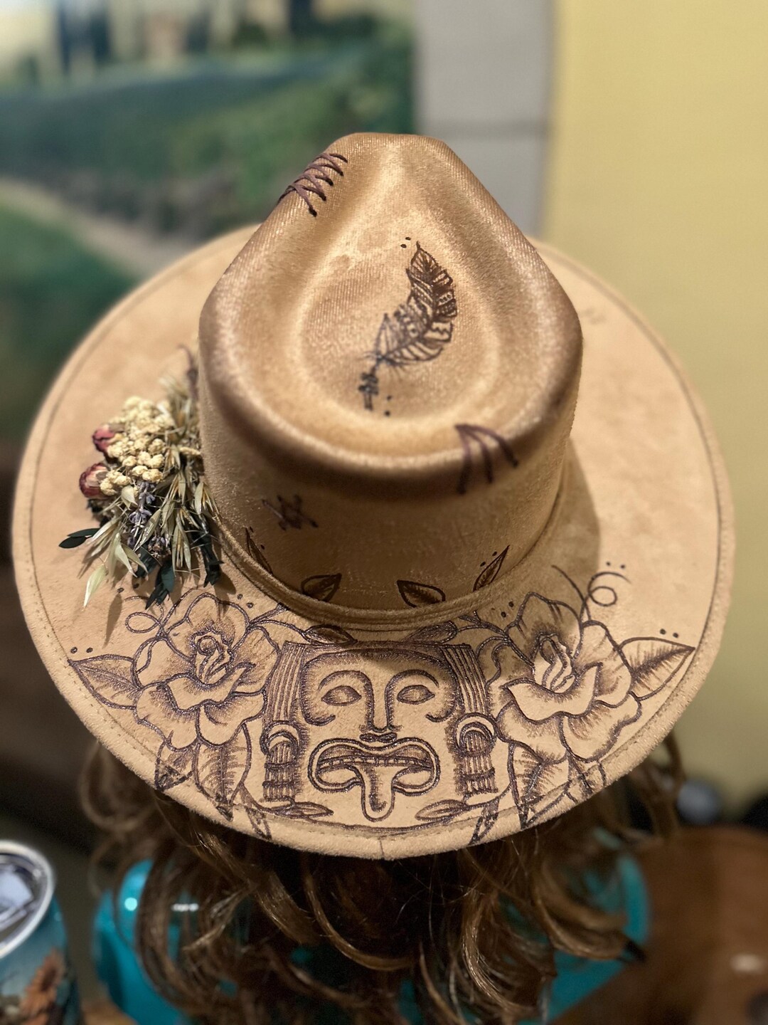 Aztec Calendar Face Hat Burning Art Tan FREE SHIPPING - Etsy