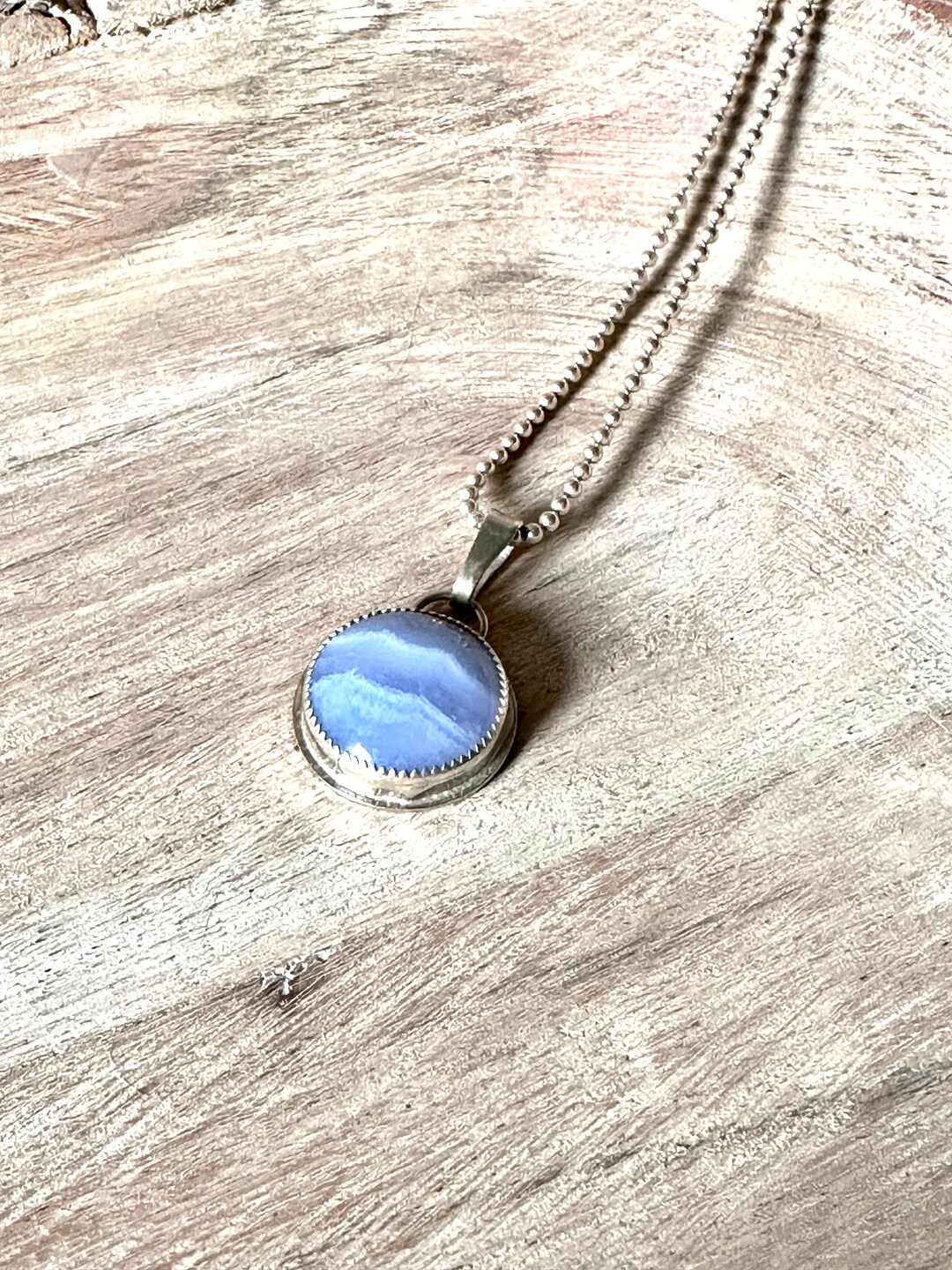 Blue Lace Agate Round Stone Silver Pendant, Round Blue Pendant, Blue ...