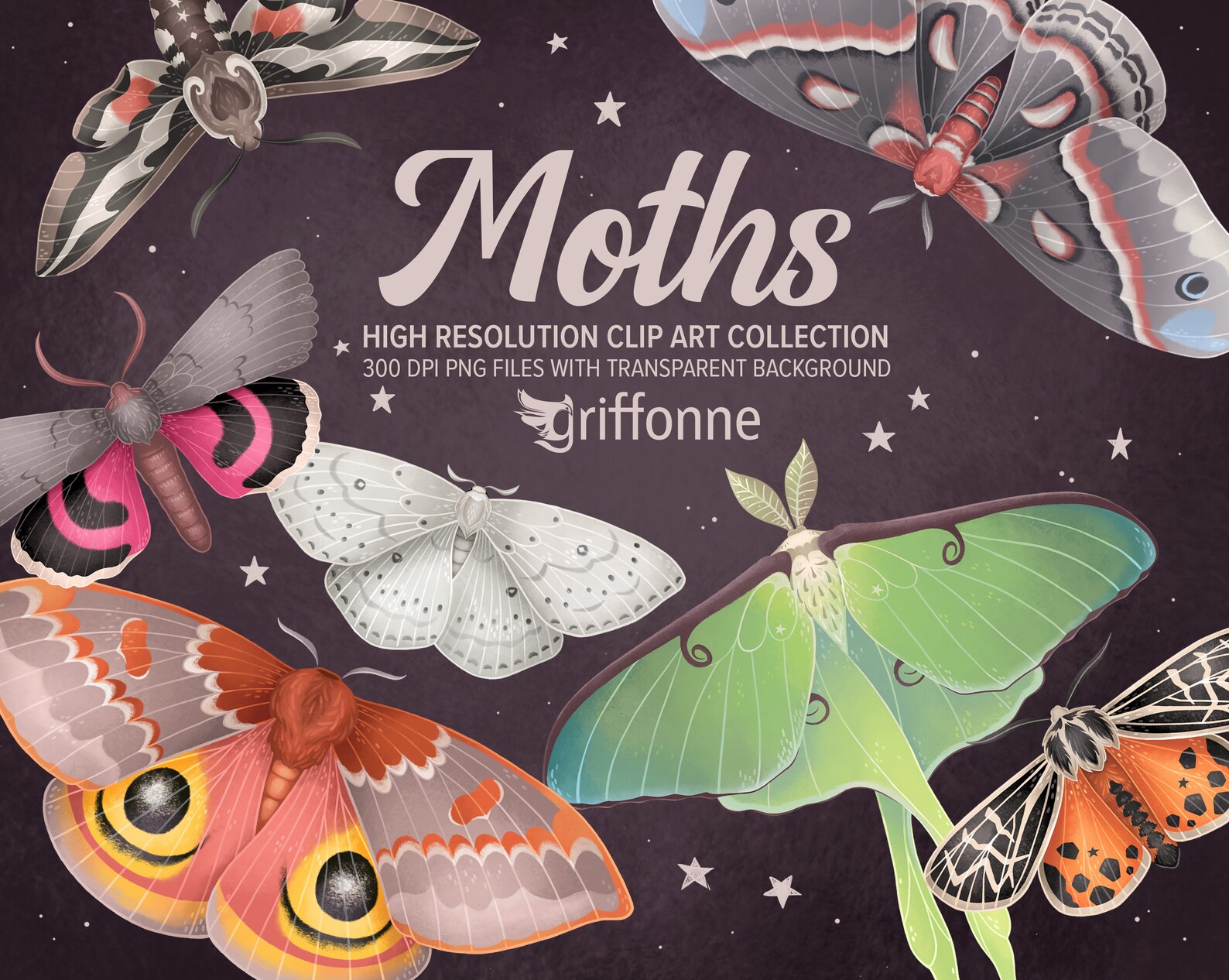 DIGITAL DOWNLOAD Moths Cliparts Luna Moth Clipart, Hawk Moth Clipart ...