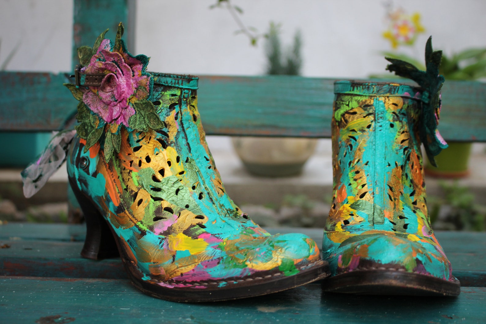 Leather Shabby Chic Boots Handpainted Leather Autumn Boots | Etsy