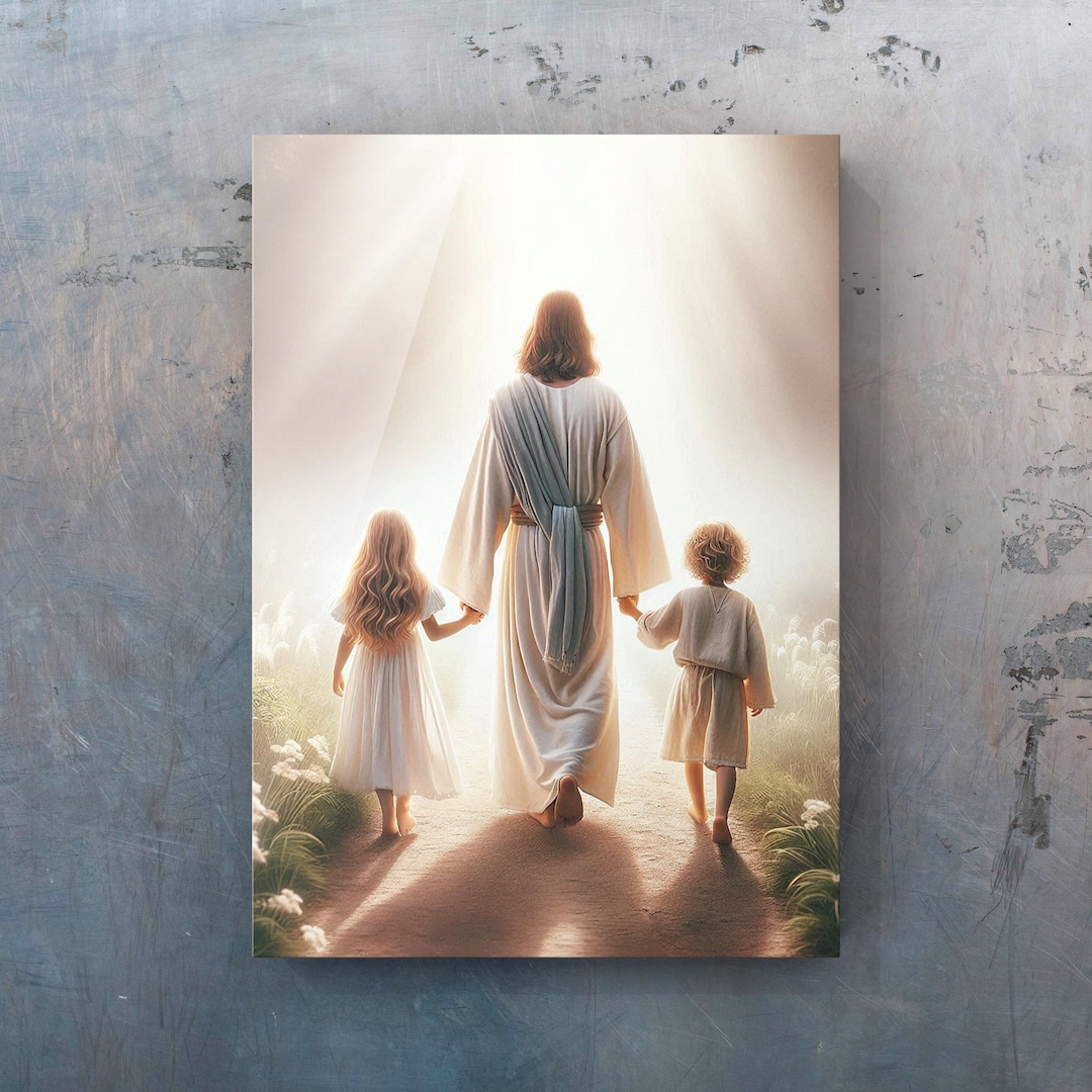 Walking With Jesus Children Poster Painting Print, Religious Wall Art ...