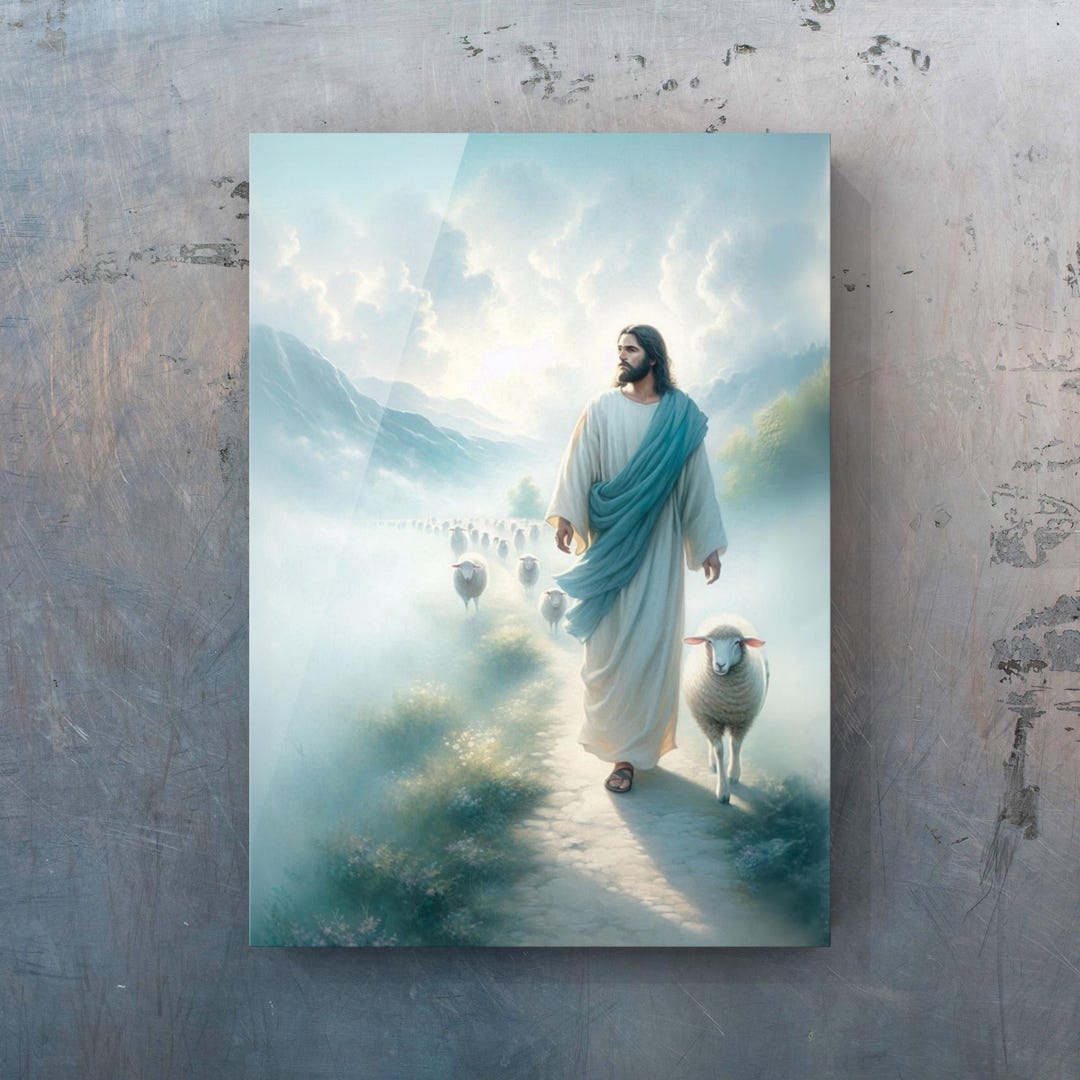 Jesus Divine Shepherd Flock of Sheep Lambs Poster Painting Print ...
