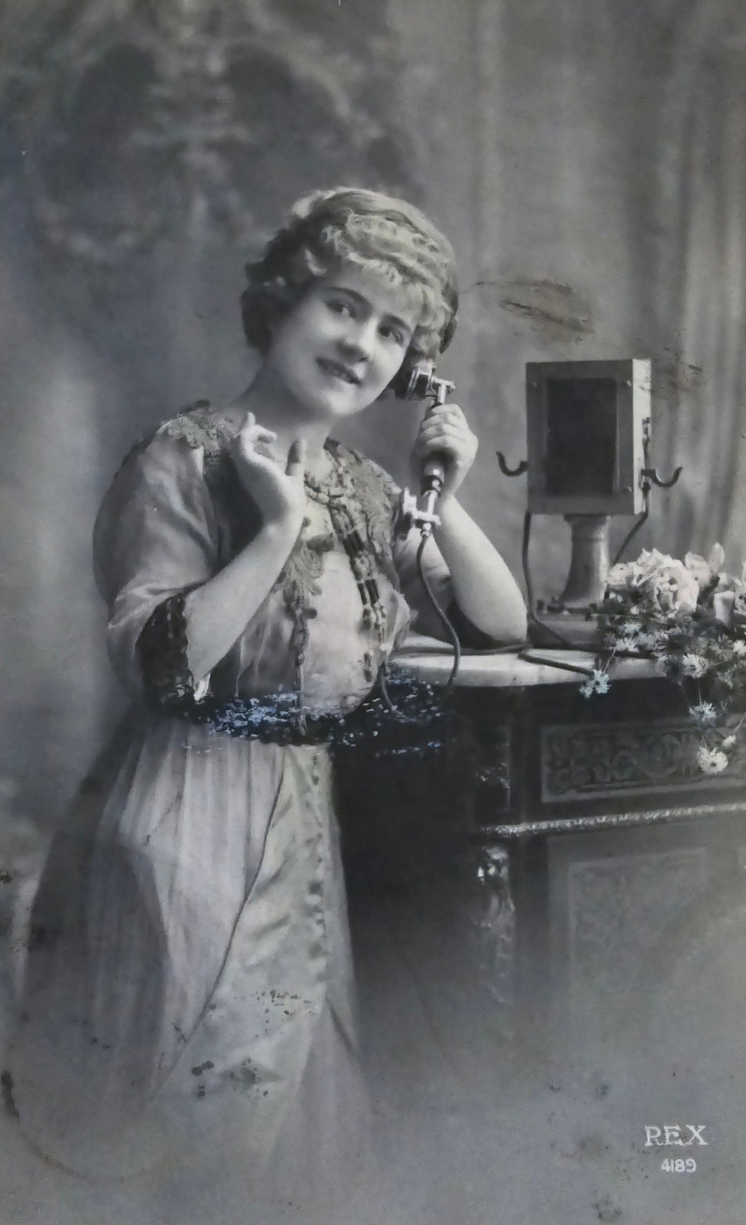 Belle Epoque Telephone Call /// Edwardian Woman Conference /// Original Antique Belgian Postcard ...