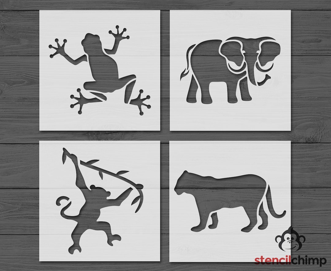 Jungle Stencil Bundle, Elephant, Tiger, Monkey and Tree Frog Stencil ...