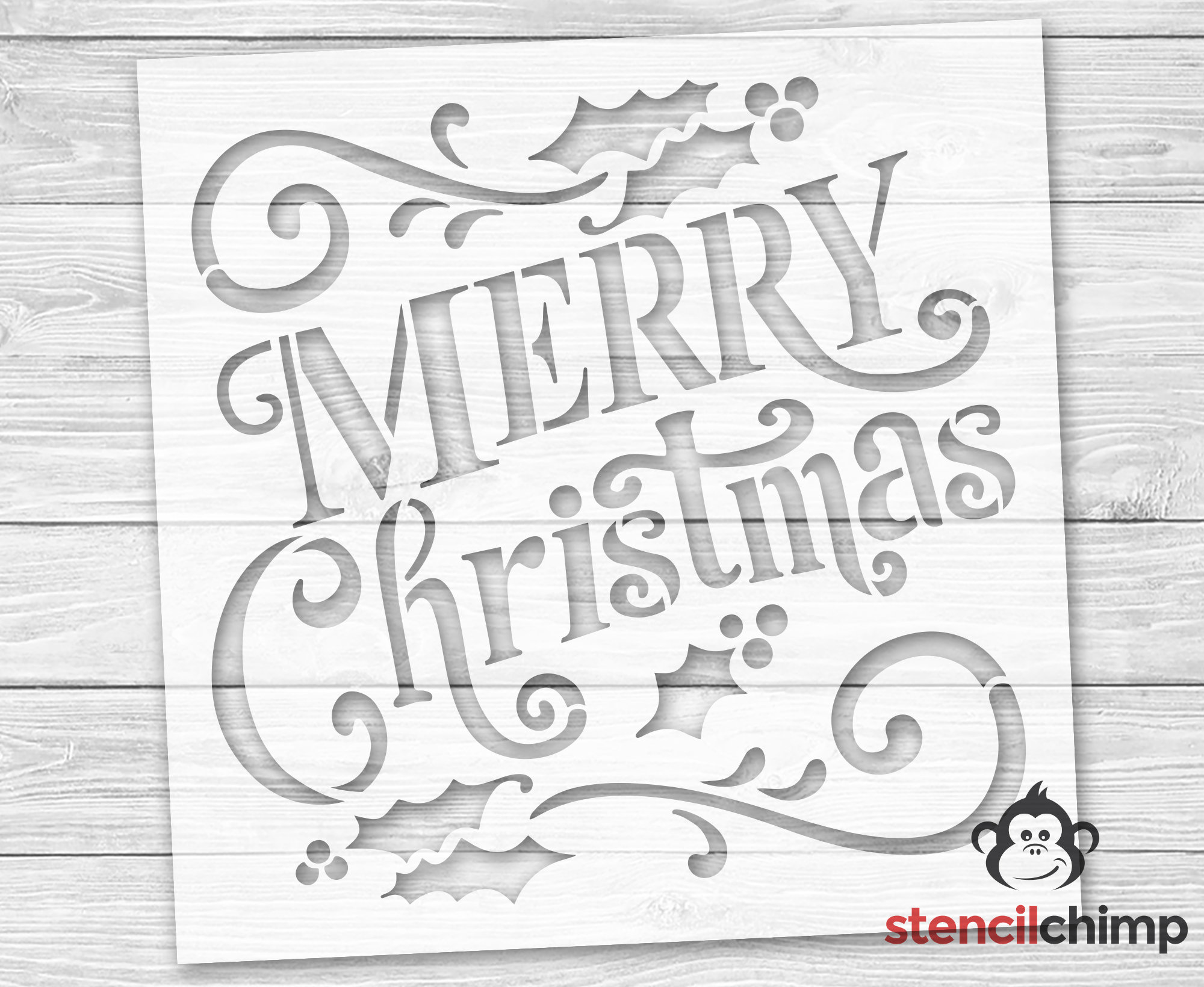 Merry Christmas Stencil Christmas Stencil With Holly Leaves | Etsy
