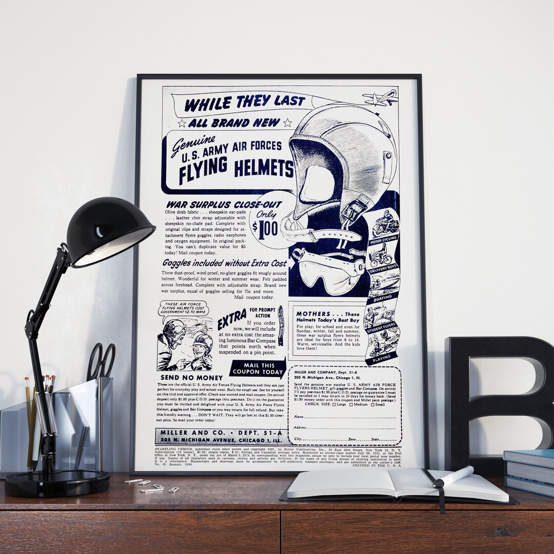 VINTAGE WW2 ADVERTISEMENT POSTER - WW2 Flying Helmets Surplus Sale ...