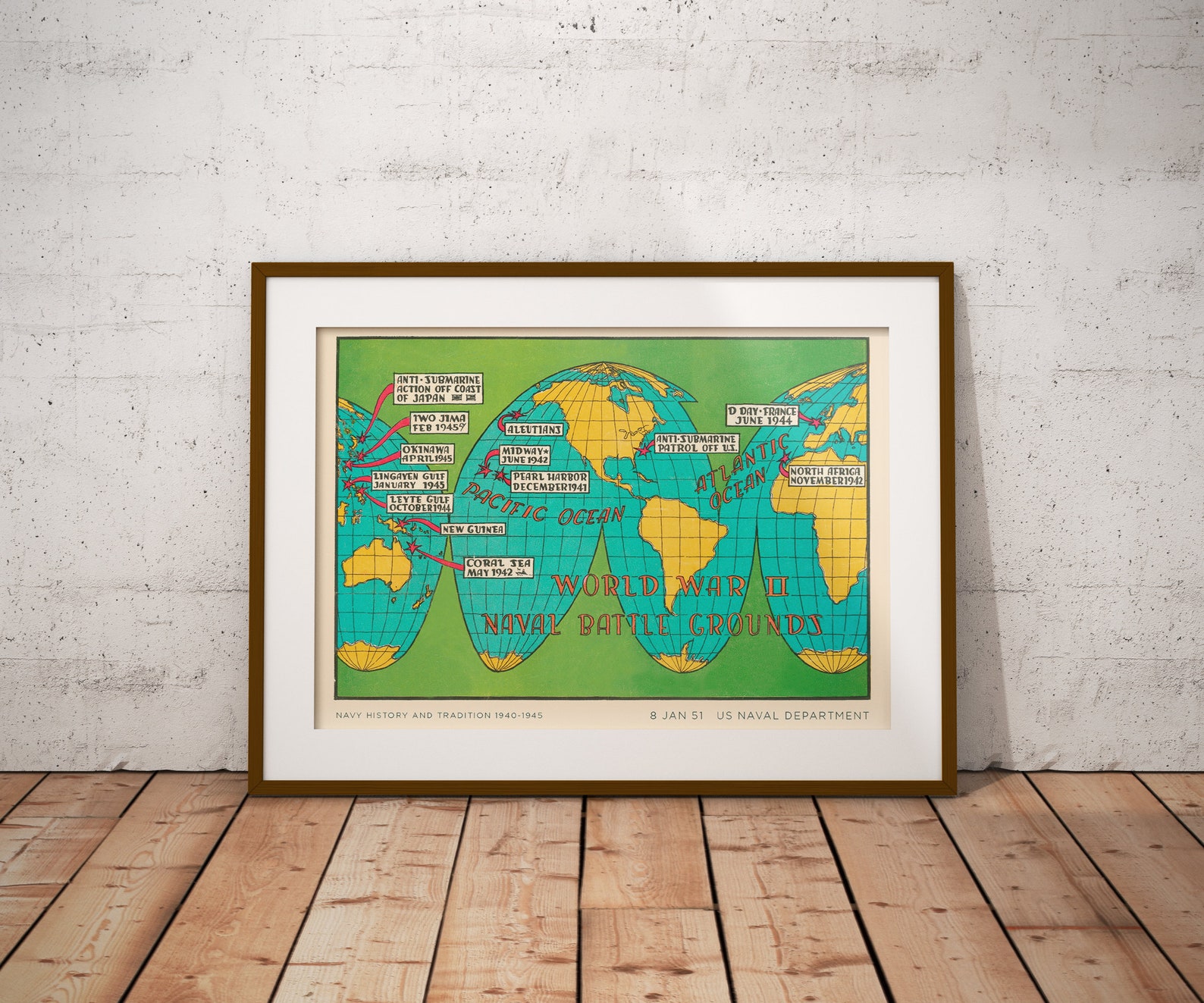 World War 2 Naval Battle Map Poster Navy WW2 Art Print WW2 Map Pacific ...