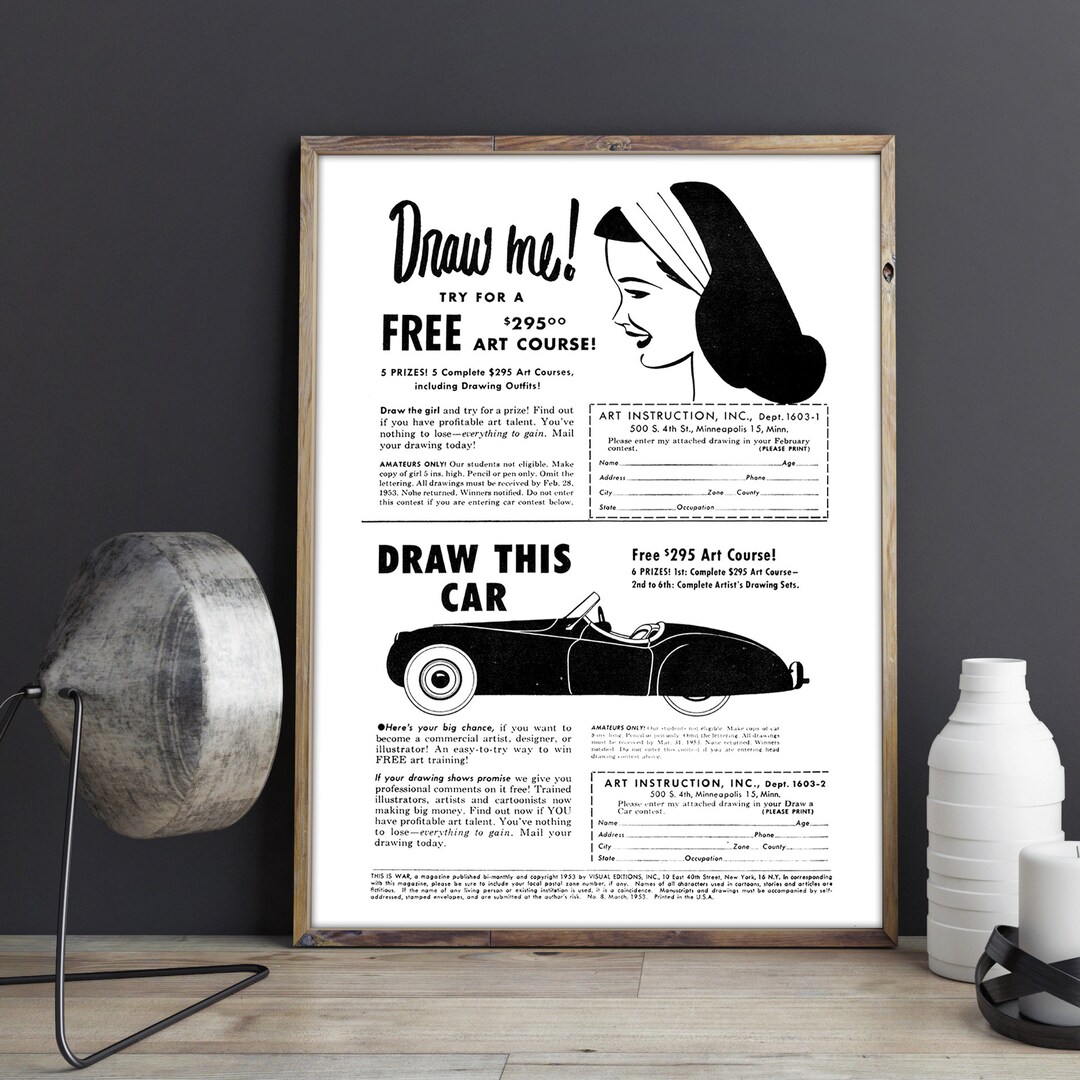 VINTAGE ADVERTISEMENT POSTER - "learn to Draw" Vintage Ad Wall Art ...
