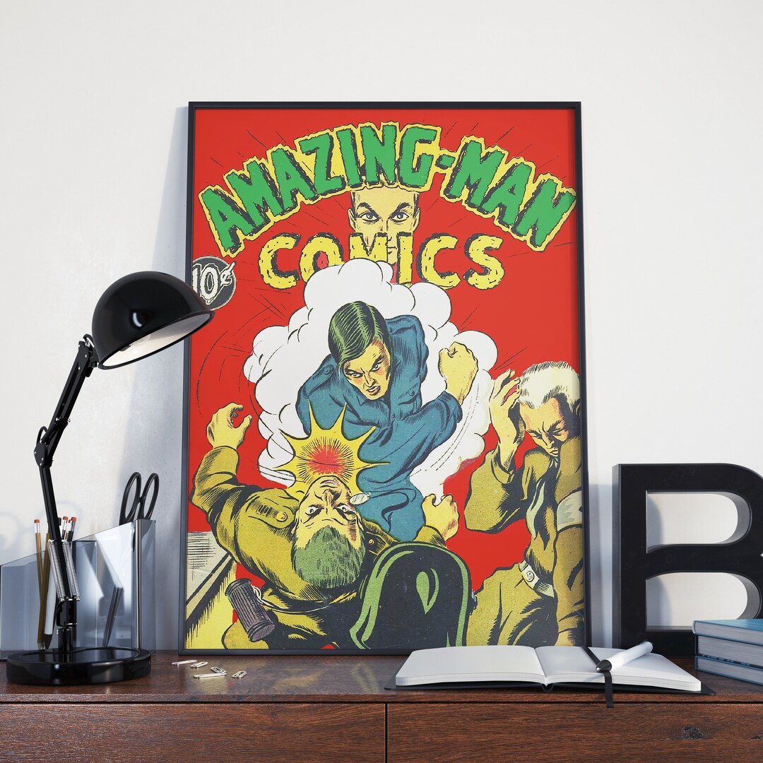VINTAGE SUPERHERO POSTER Amazing Man Comics Vintage Art Print - WW2 ...