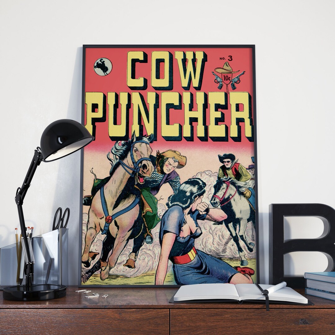 Vintage Western Poster - Cow Puncher, Cowboys Saving a Pin-up Girl Wild ...